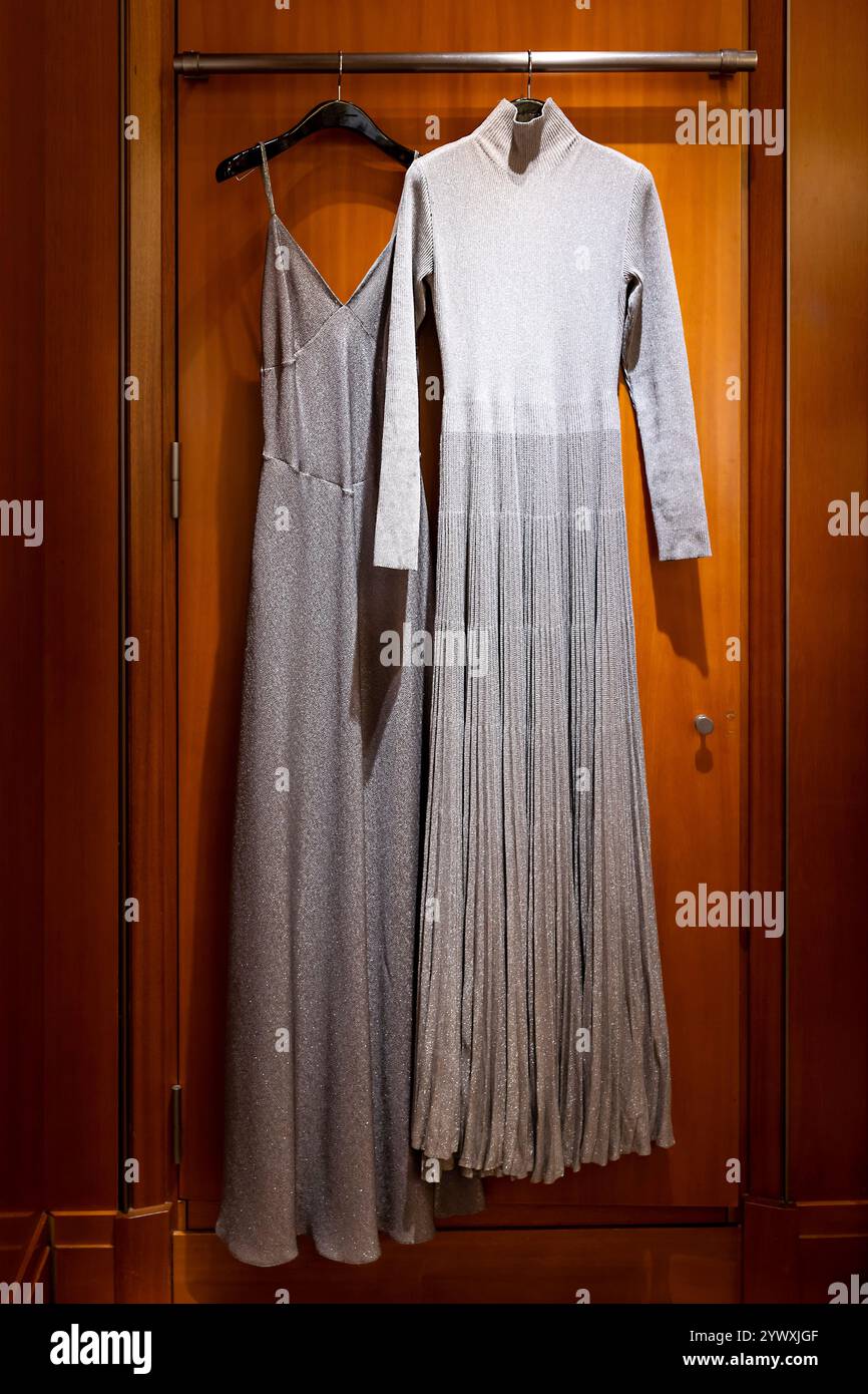 Two evening gray dresses with sparkles, spaghetti straps, and long ...