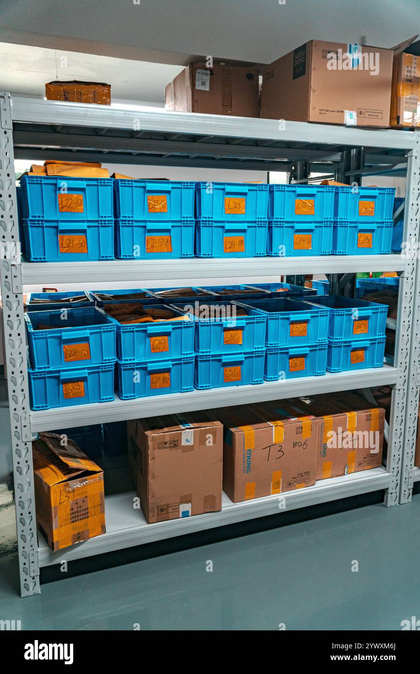 Organized Storage Shelves Featuring Blue Bins and Boxes for Enhanced ...