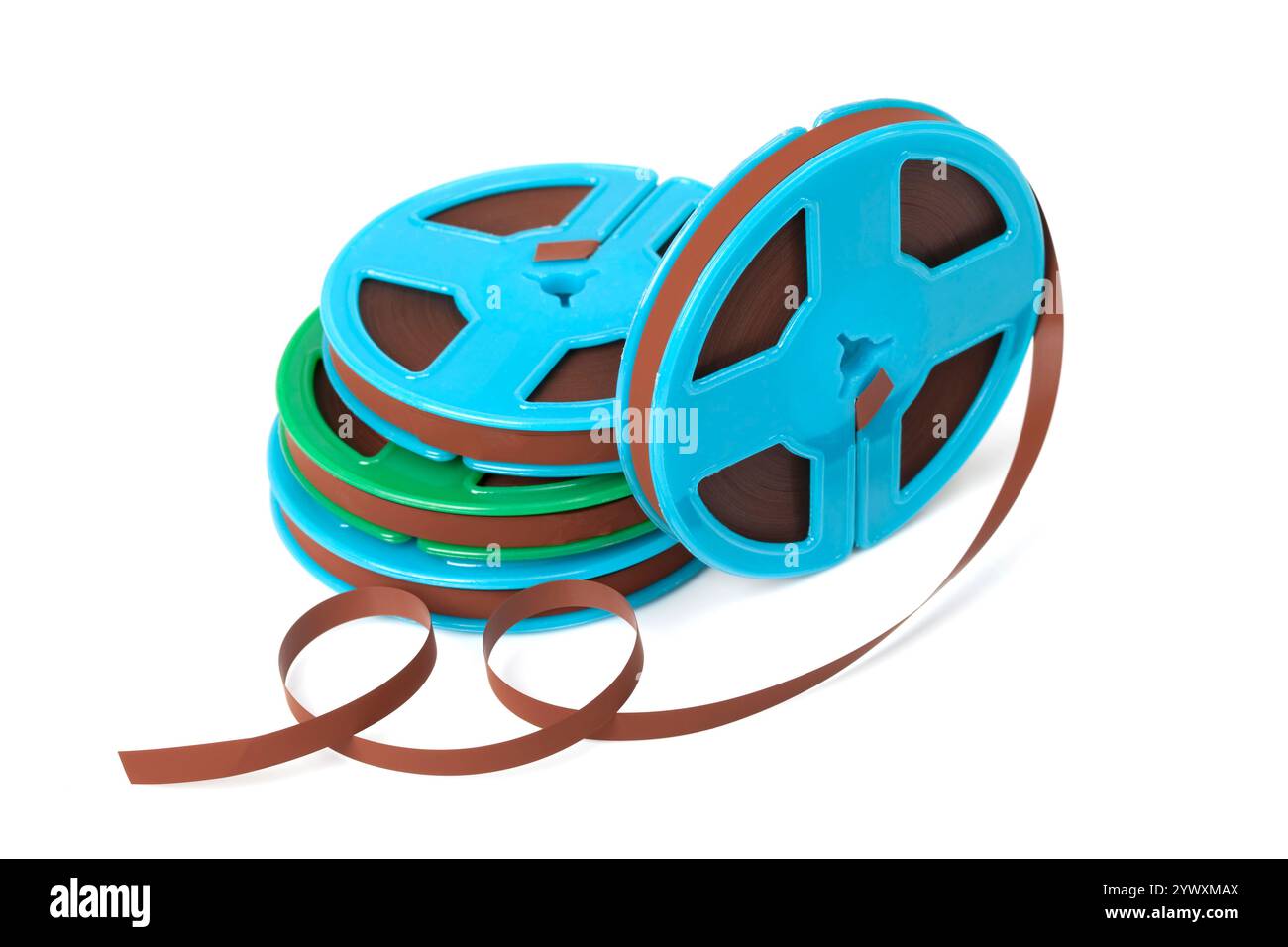 Audio reels, partially unrolled; on a white studio background Stock ...