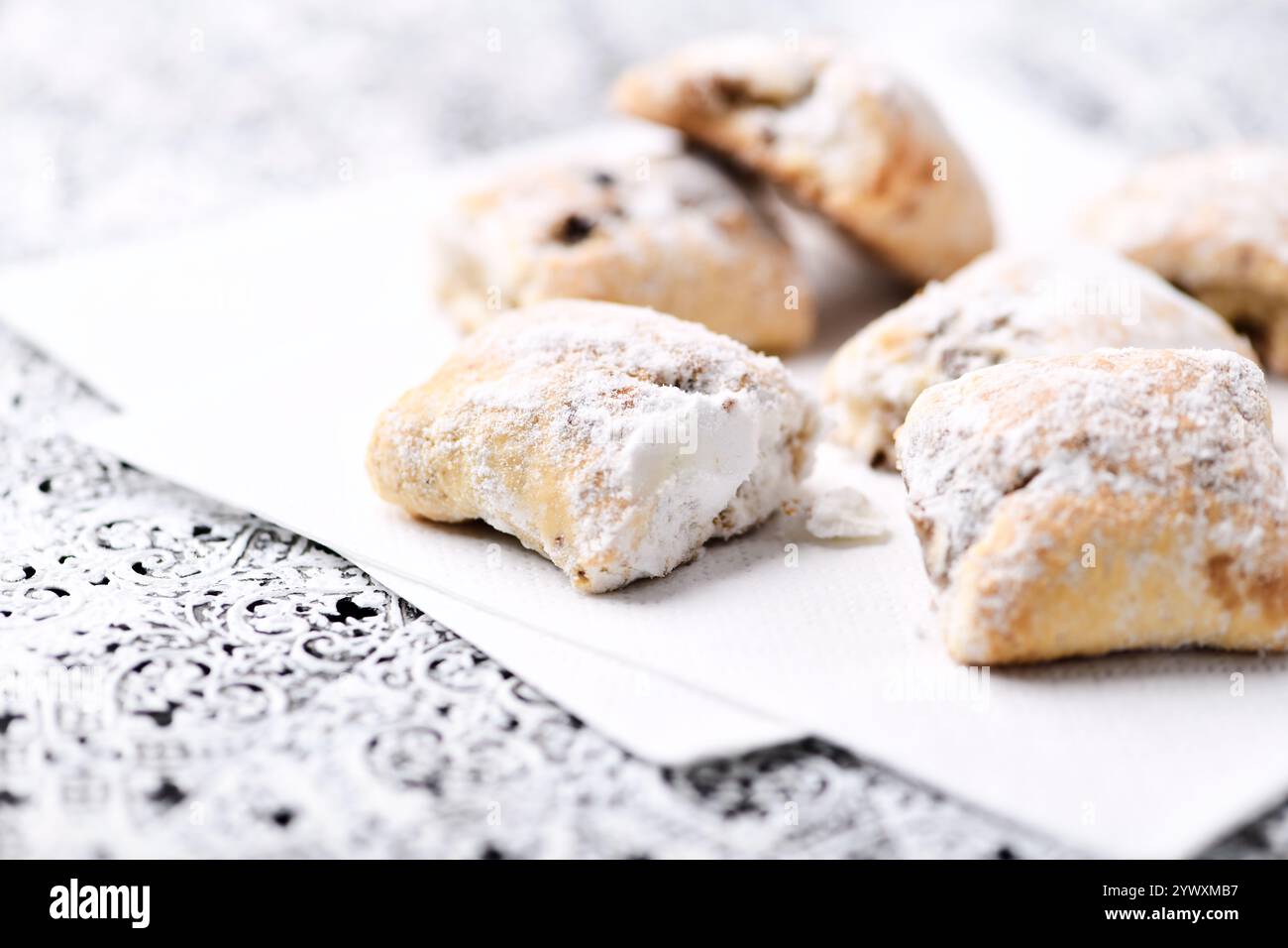 Stollen Bites on bright background. Soft focus. Close up Stock Photo ...