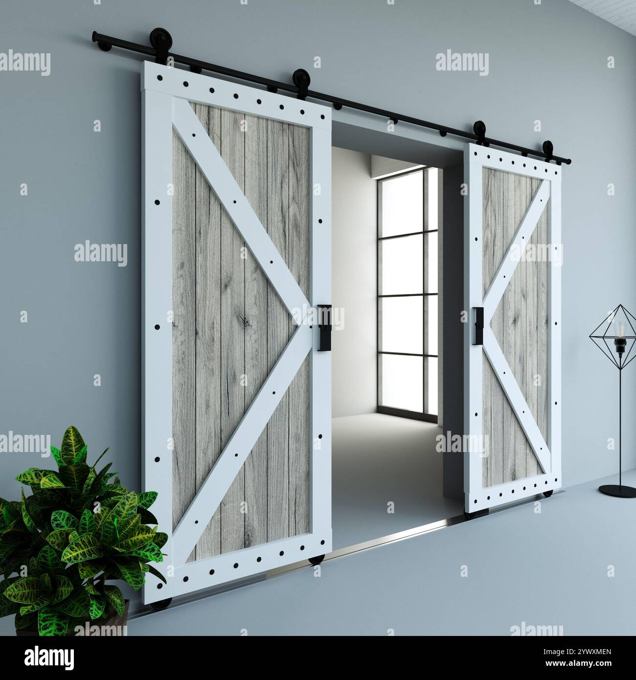 Barn Sliding Wooden Door in Loft Room Stock Photo - Alamy