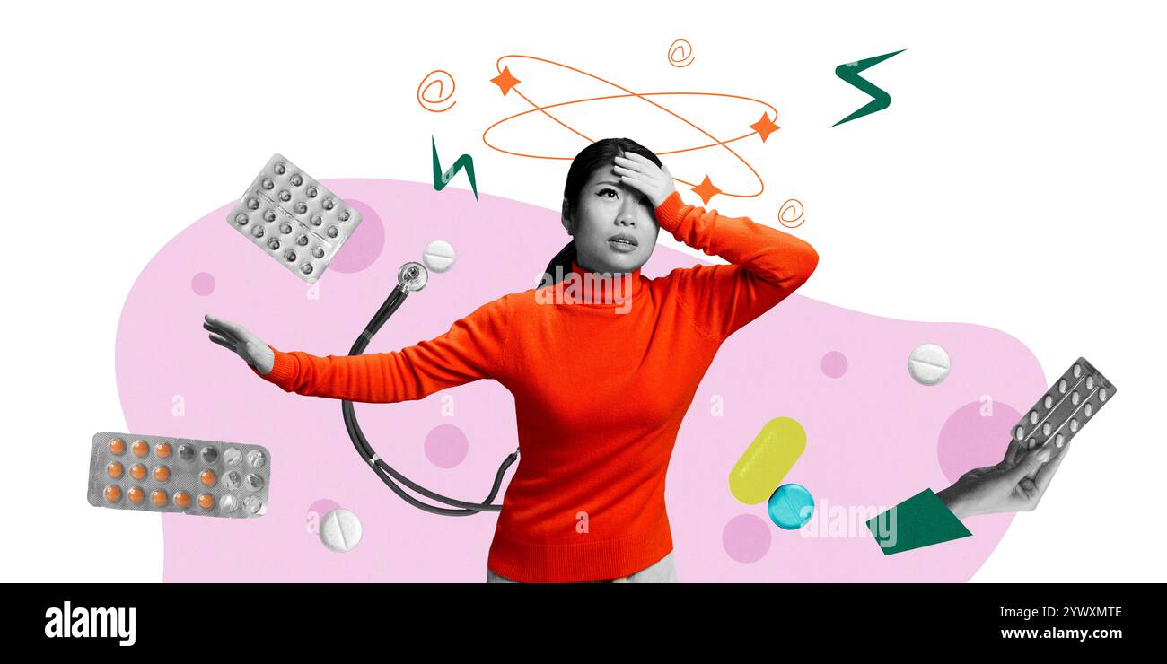 Contemporary art collage. Woman feeling dizzy, holding head, surrounded ...