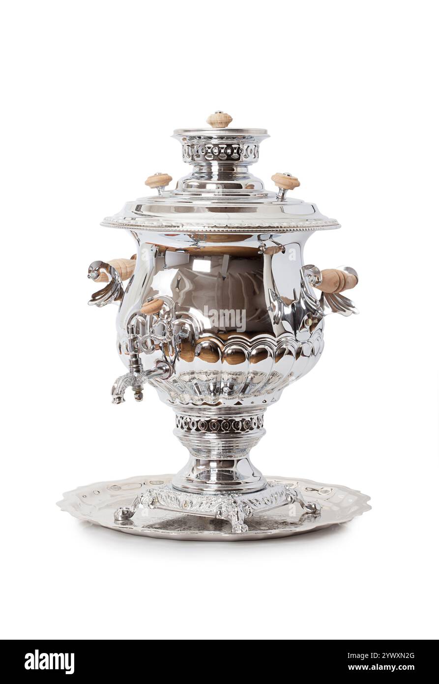 Russian tea samovar on a tray isolated on white background Stock Photo ...