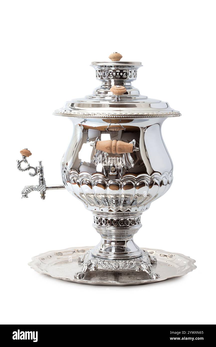 Traditional tea samovar on a tray isolated on white background Stock ...