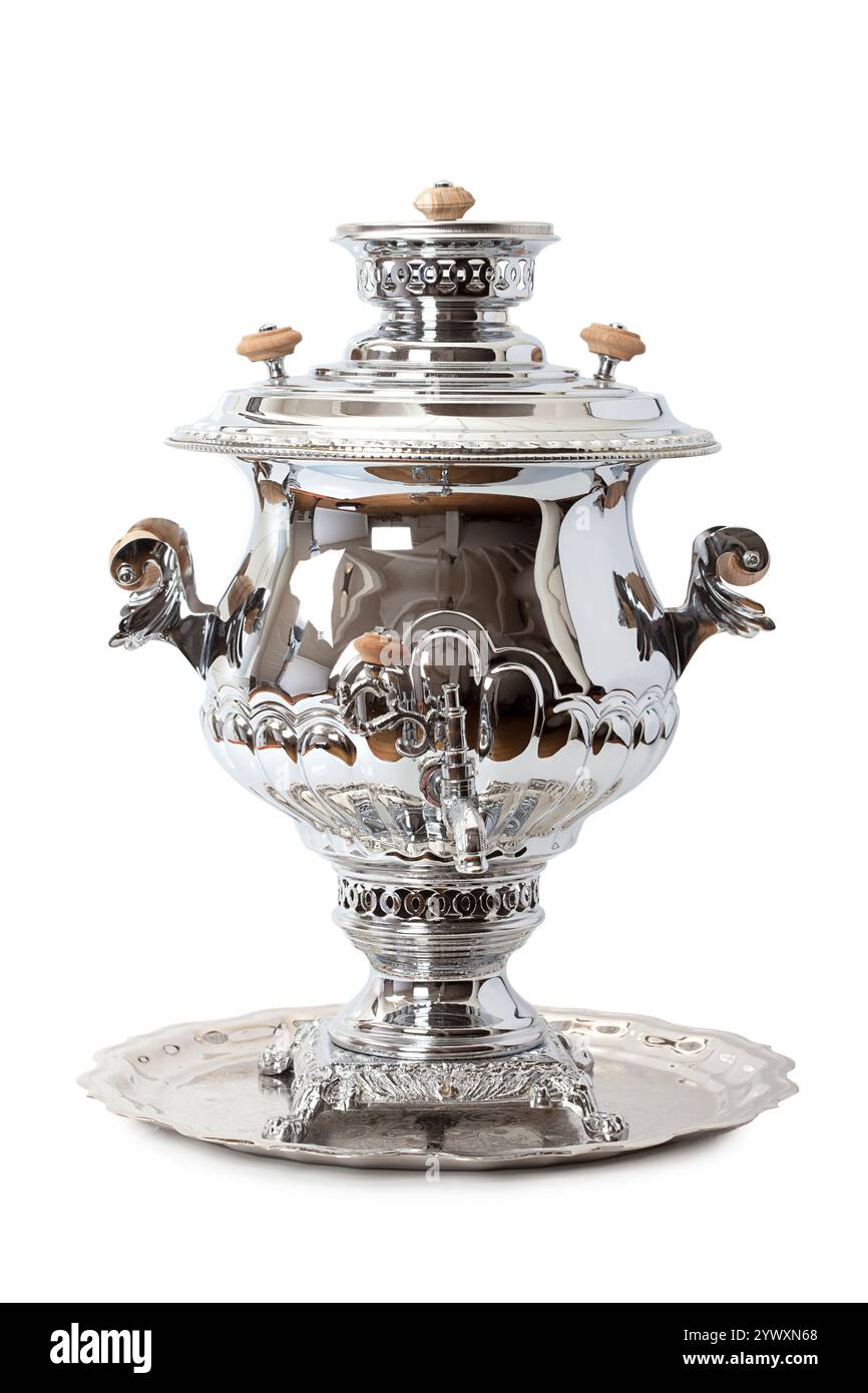 Russian samovar on a tray isolated on white background Stock Photo - Alamy