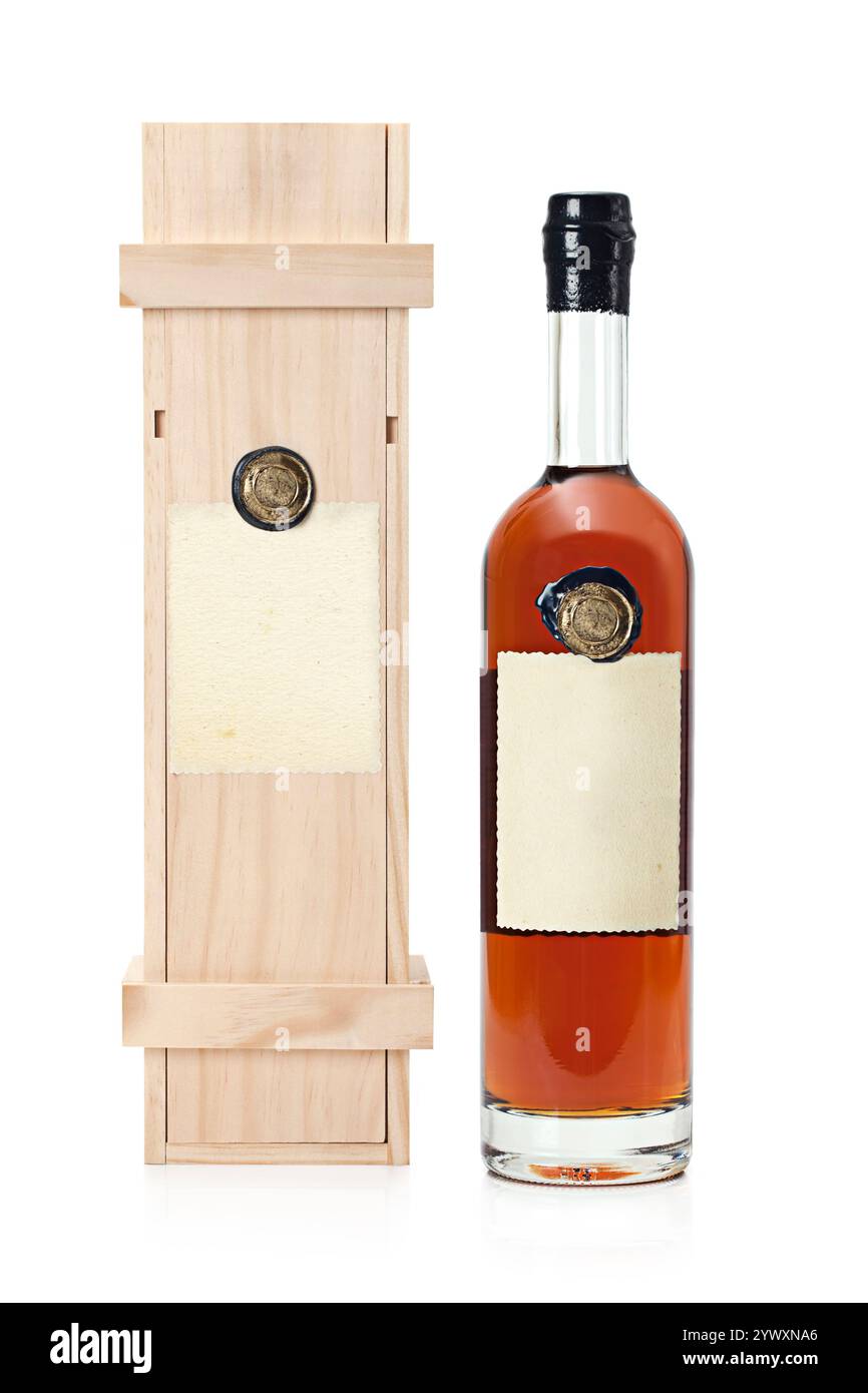 Wooden case with armagnac bottle isolated on white Stock Photo - Alamy
