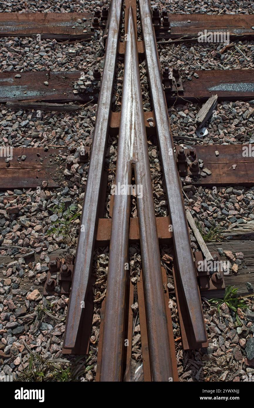 Closeup of railway track, ballast stones, metal rails Stock Photo - Alamy