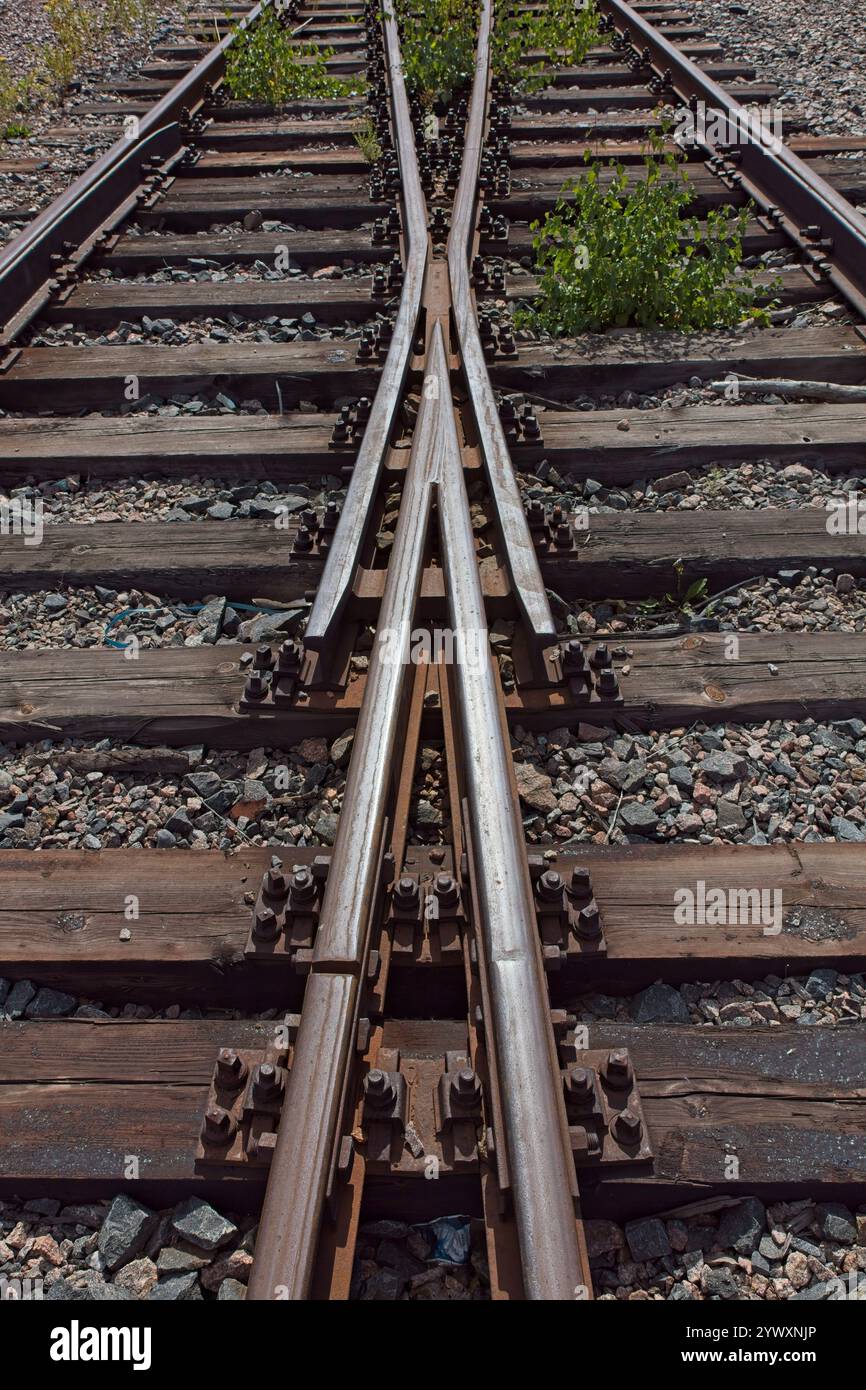 Closeup of railway track, ballast stones, metal rails Stock Photo - Alamy