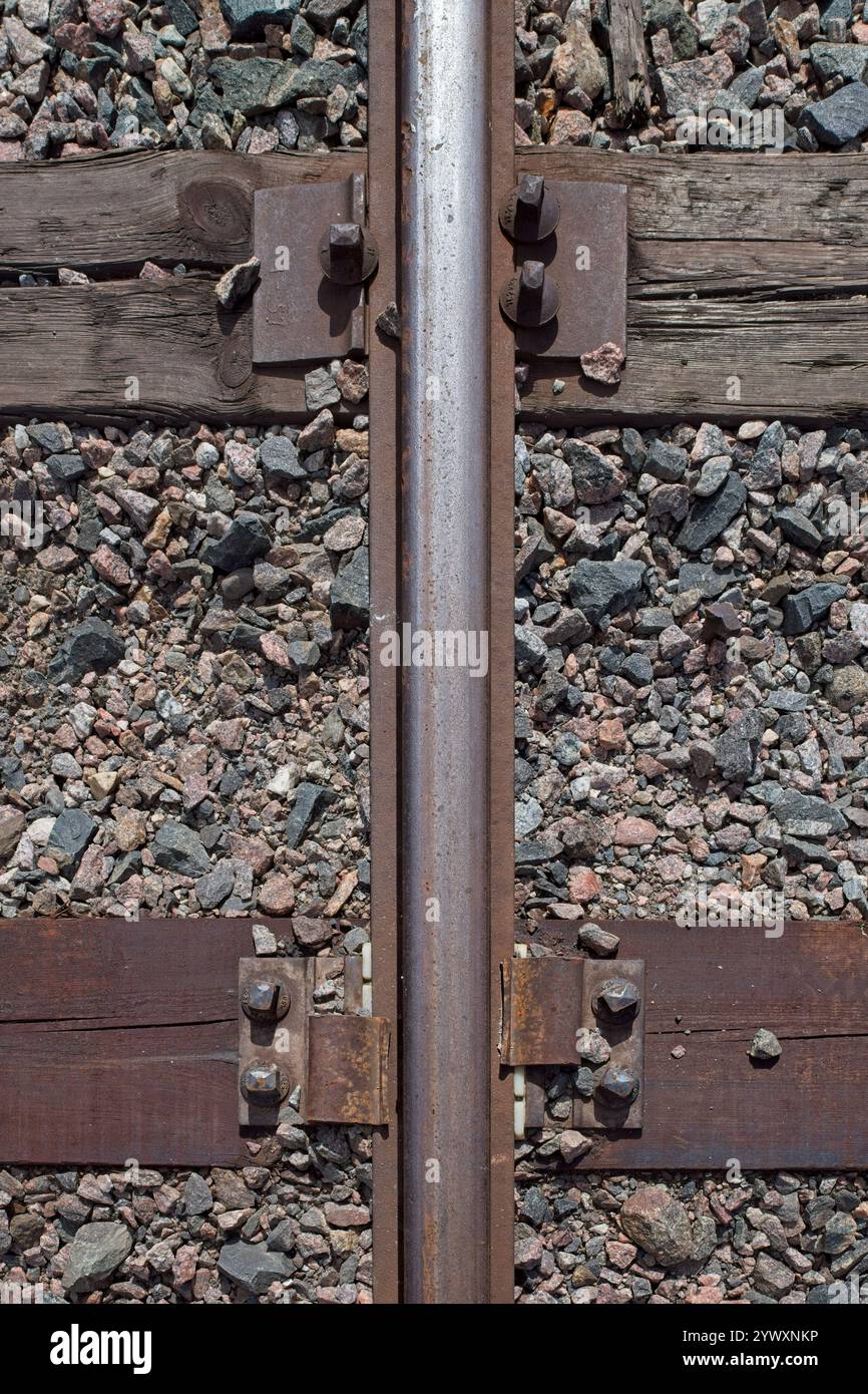 Closeup of railway track, ballast stones metal rail Stock Photo - Alamy