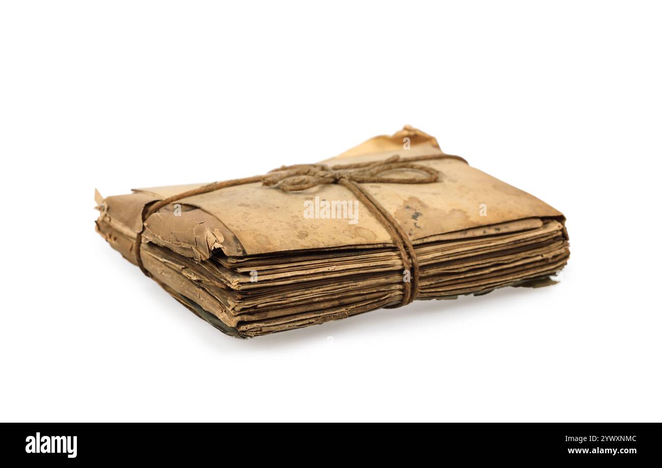 Pack of old letters tied up with ribbon isolated on white background ...