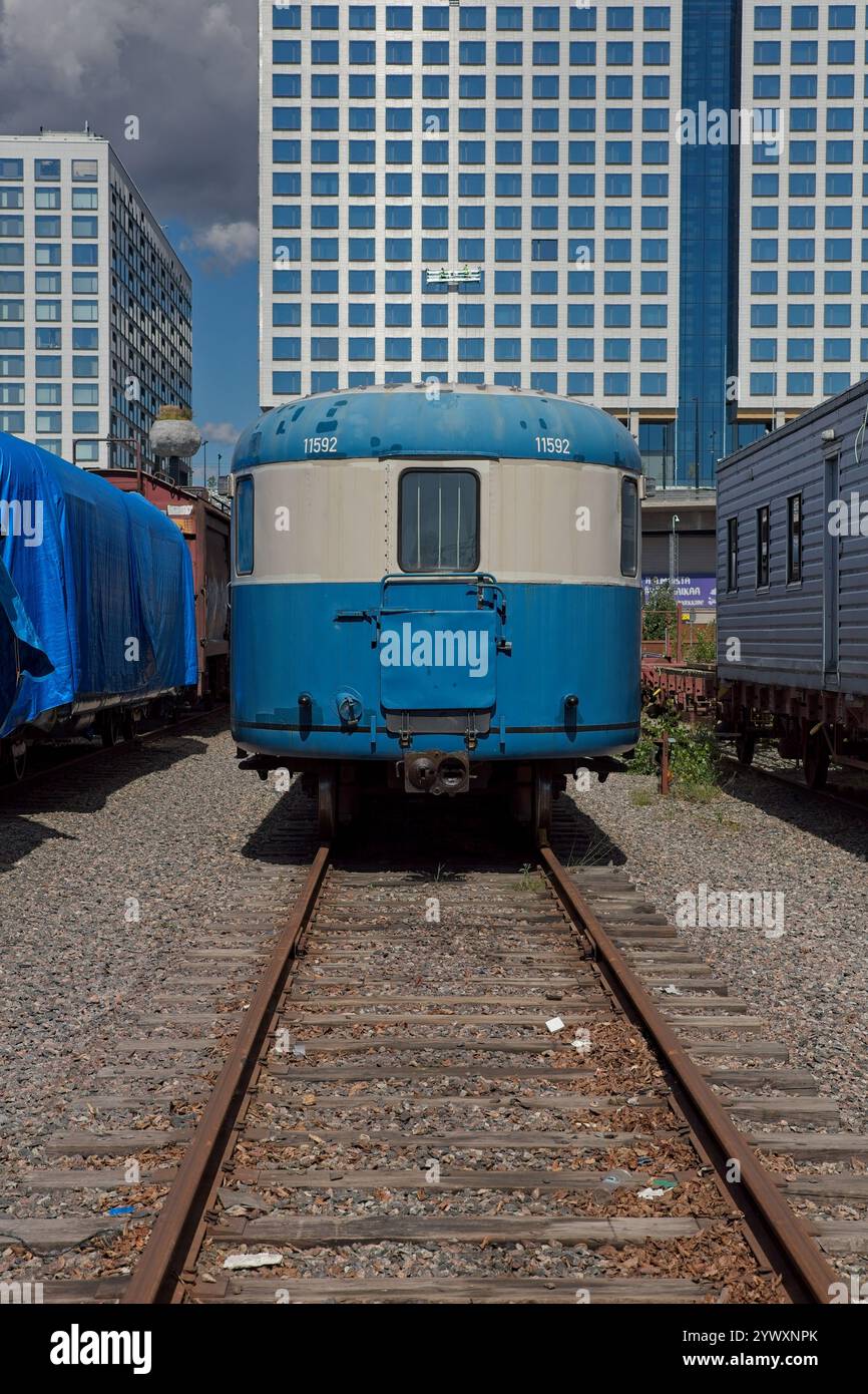 Old white and blue passenger railroad car in summer Stock Photo - Alamy