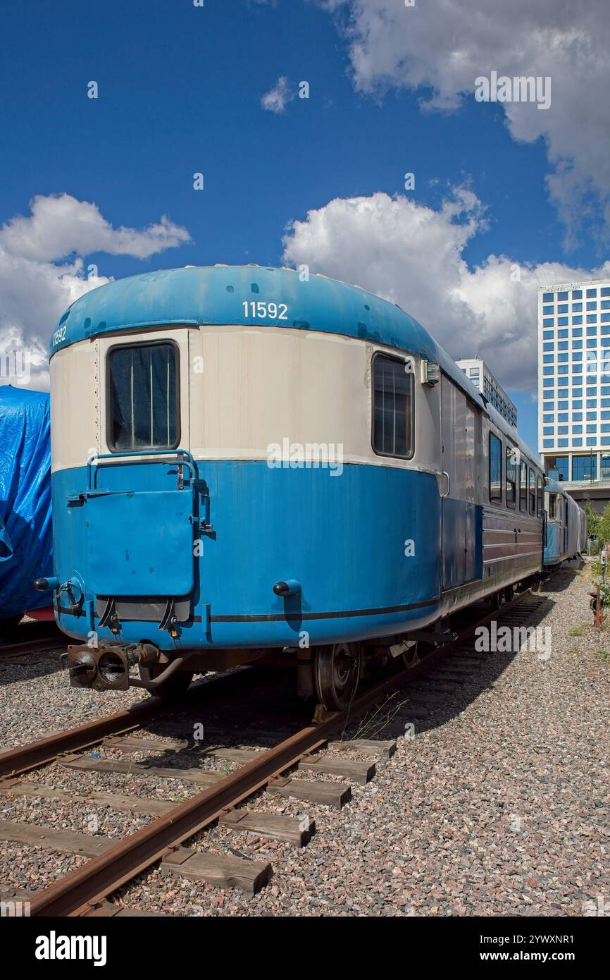 Old white and blue passenger railroad car in summer Stock Photo - Alamy
