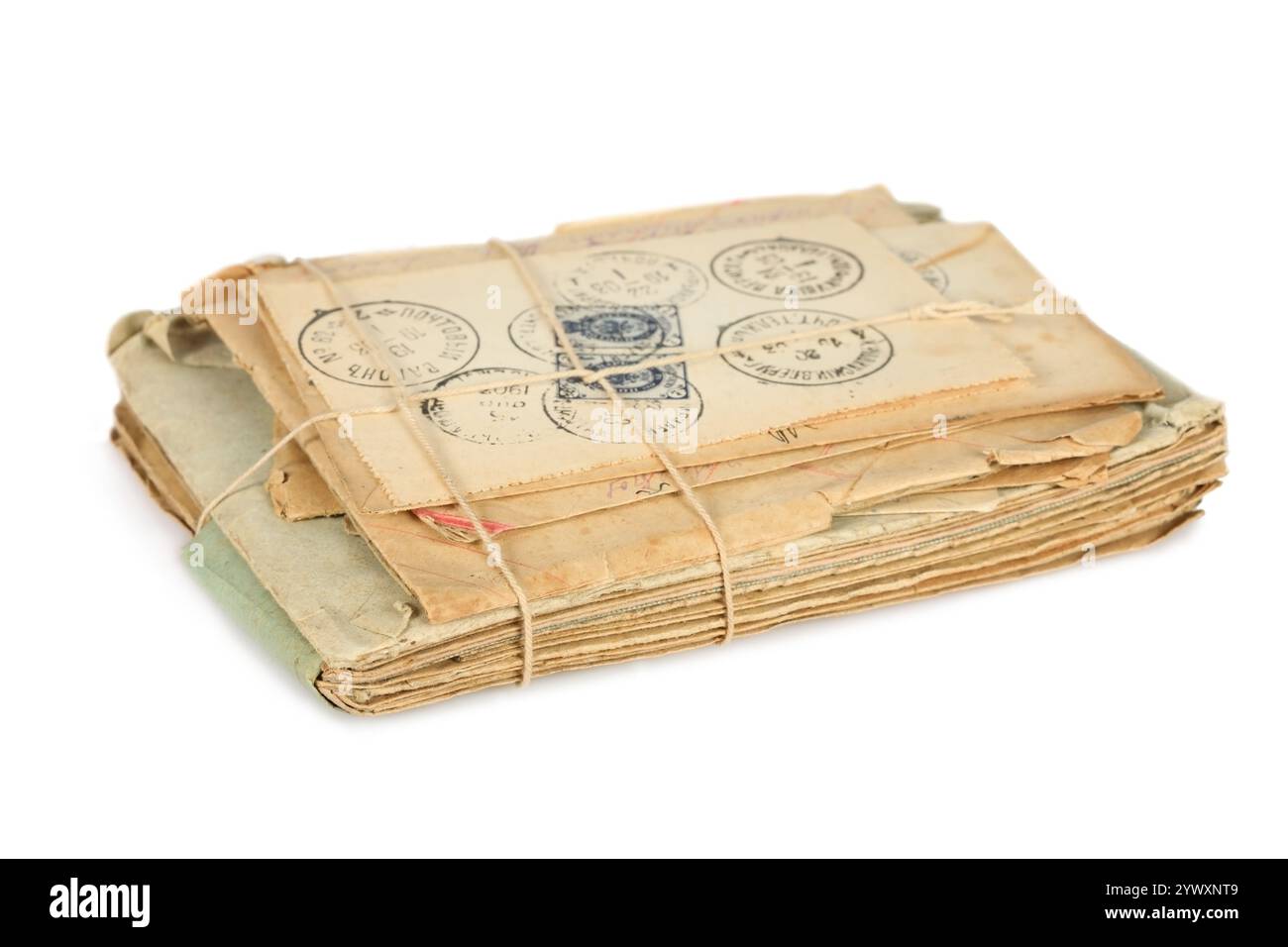 Pack of vintage letters tied with rope isolated on white background ...
