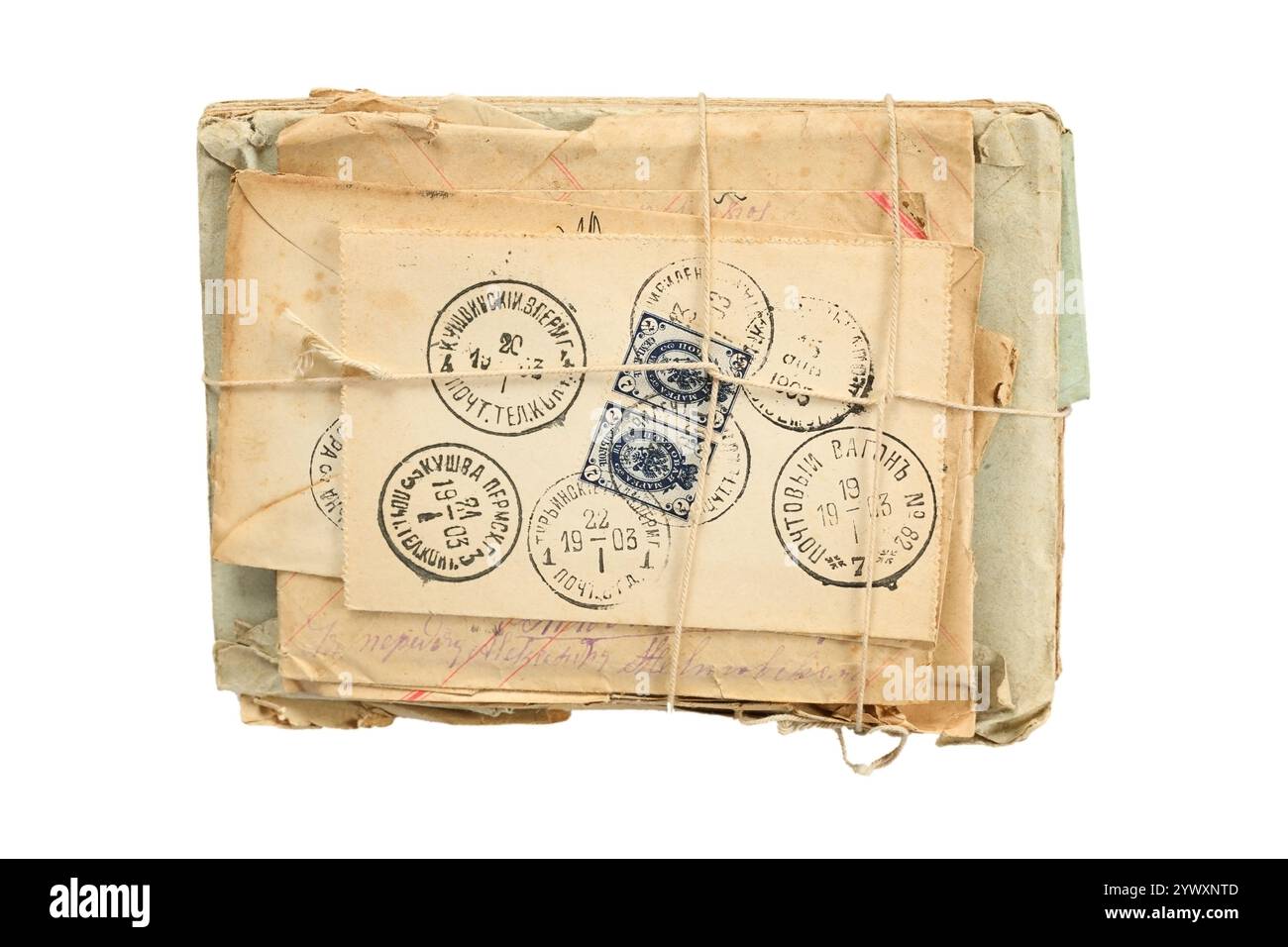 Pack of vintage letters tied with rope isolated on white background ...