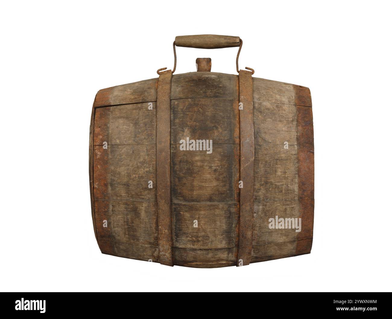 Vintage wooden barrel with metal rim and handle and stopper isolated on ...