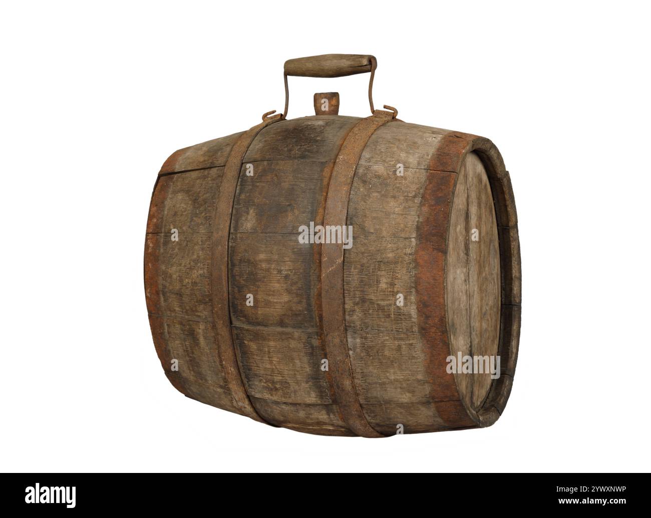 Old wooden barrel with metal rim and handle and stopper isolated on ...