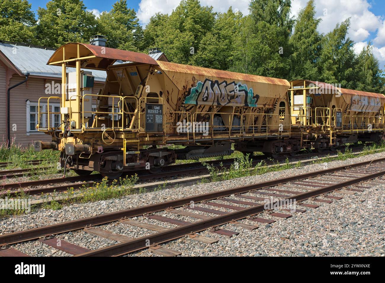 Old freight train container cars standing at railway yard in summer Stock Photo - Alamy