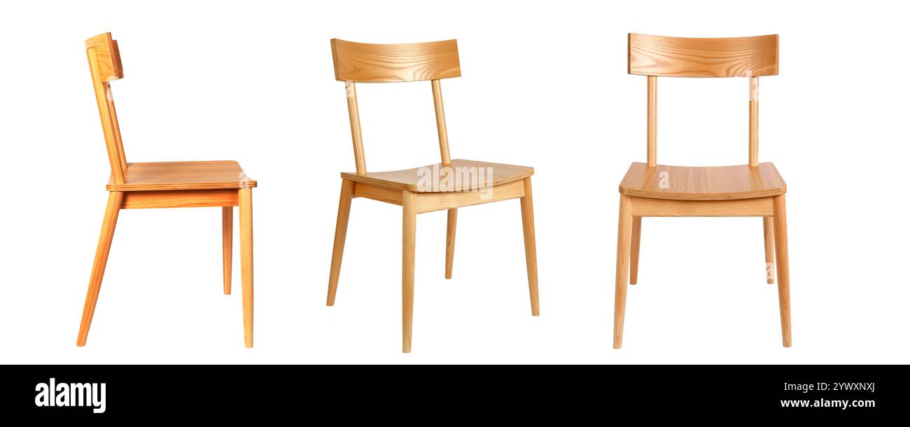 Set of three identical wooden chairs in different view angles isolated ...
