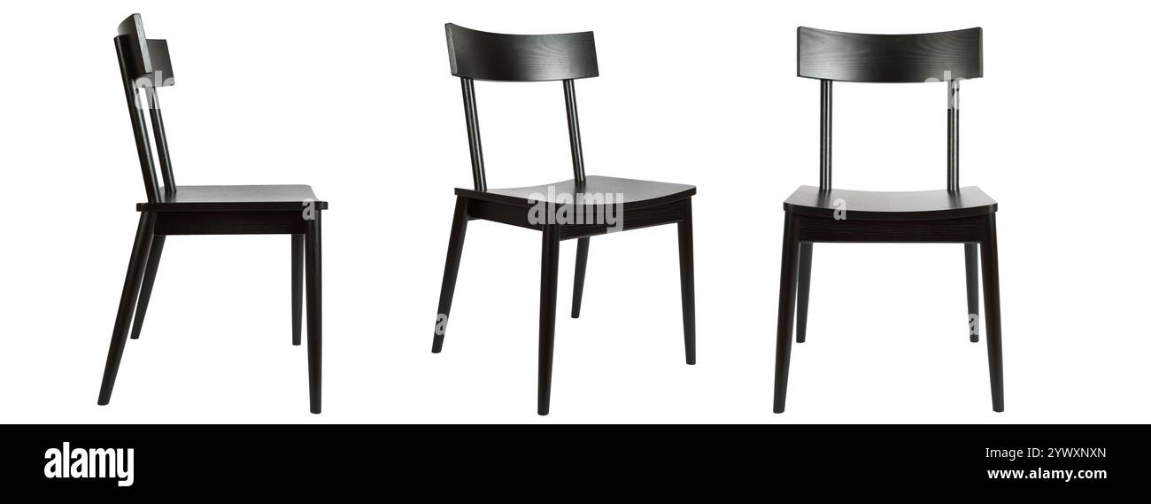 Set of three black wooden chairs in different view angles isolated on a ...
