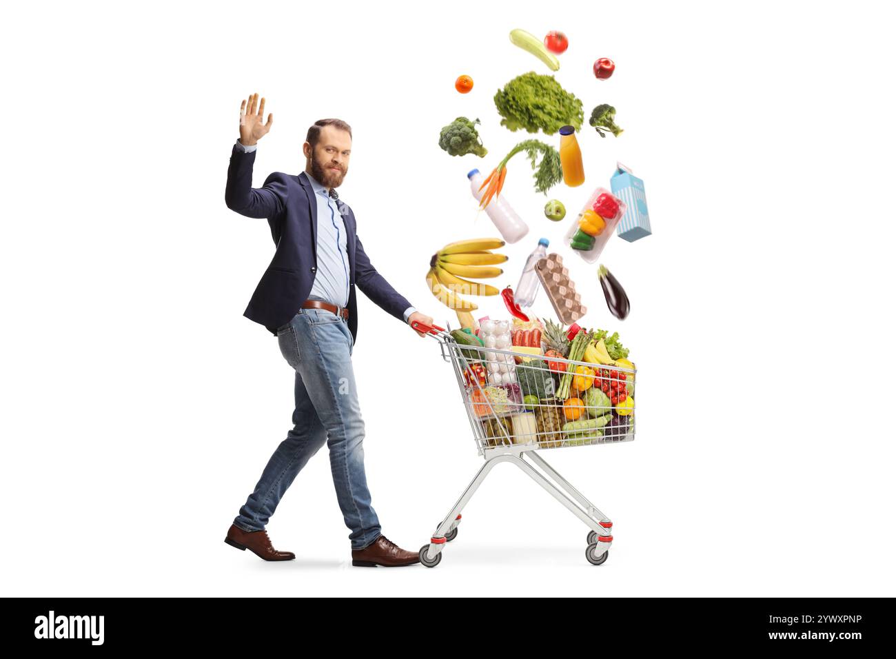 Man walking with a shopping cart with falling groceries and waving ...