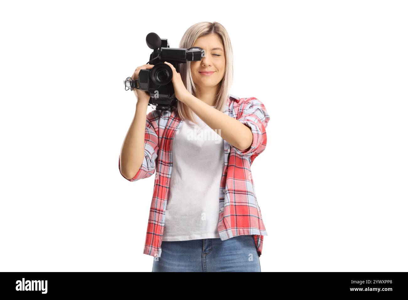 Woman recording with a camera isolated on white background Stock Photo ...