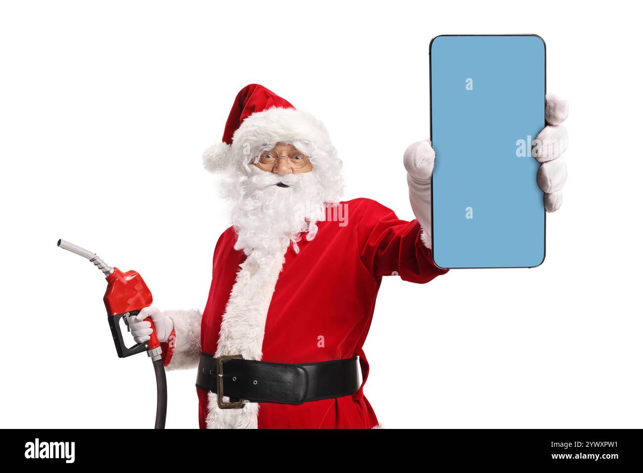 Santa Claus holding a fuel dispenser and a smartphone isolated on white ...