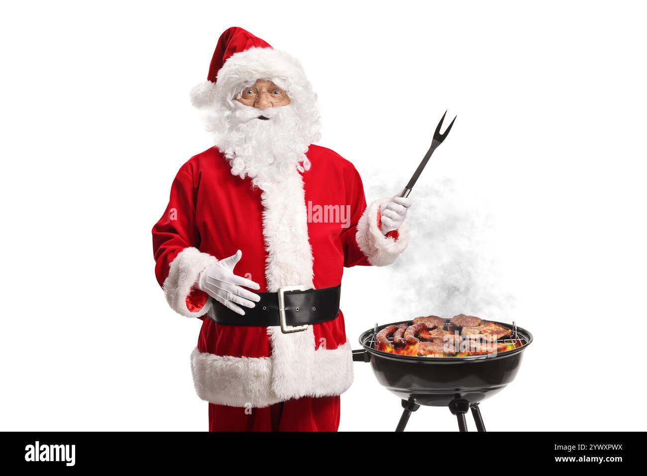 Santa claus cooking meat on a bbq isolated on white background Stock ...