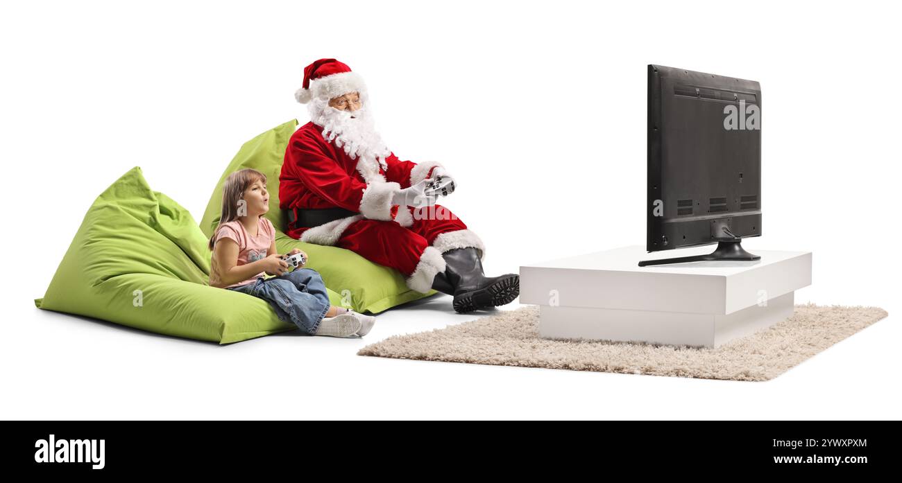 Santa claus playing video games on tv with a little girl isolated on ...