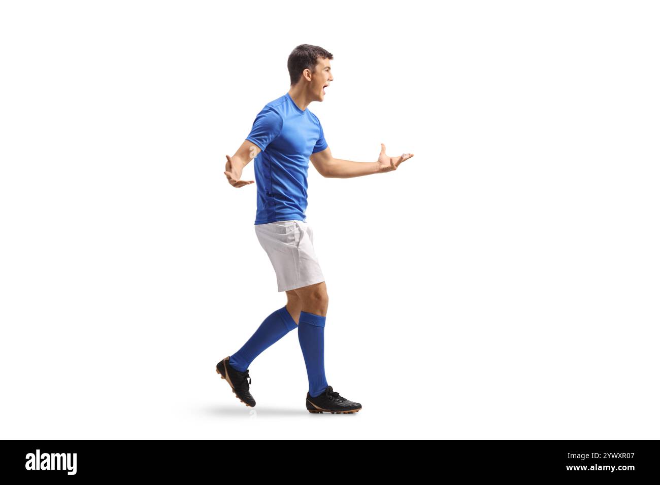 Angry football player walking and shouting isolated on white background ...