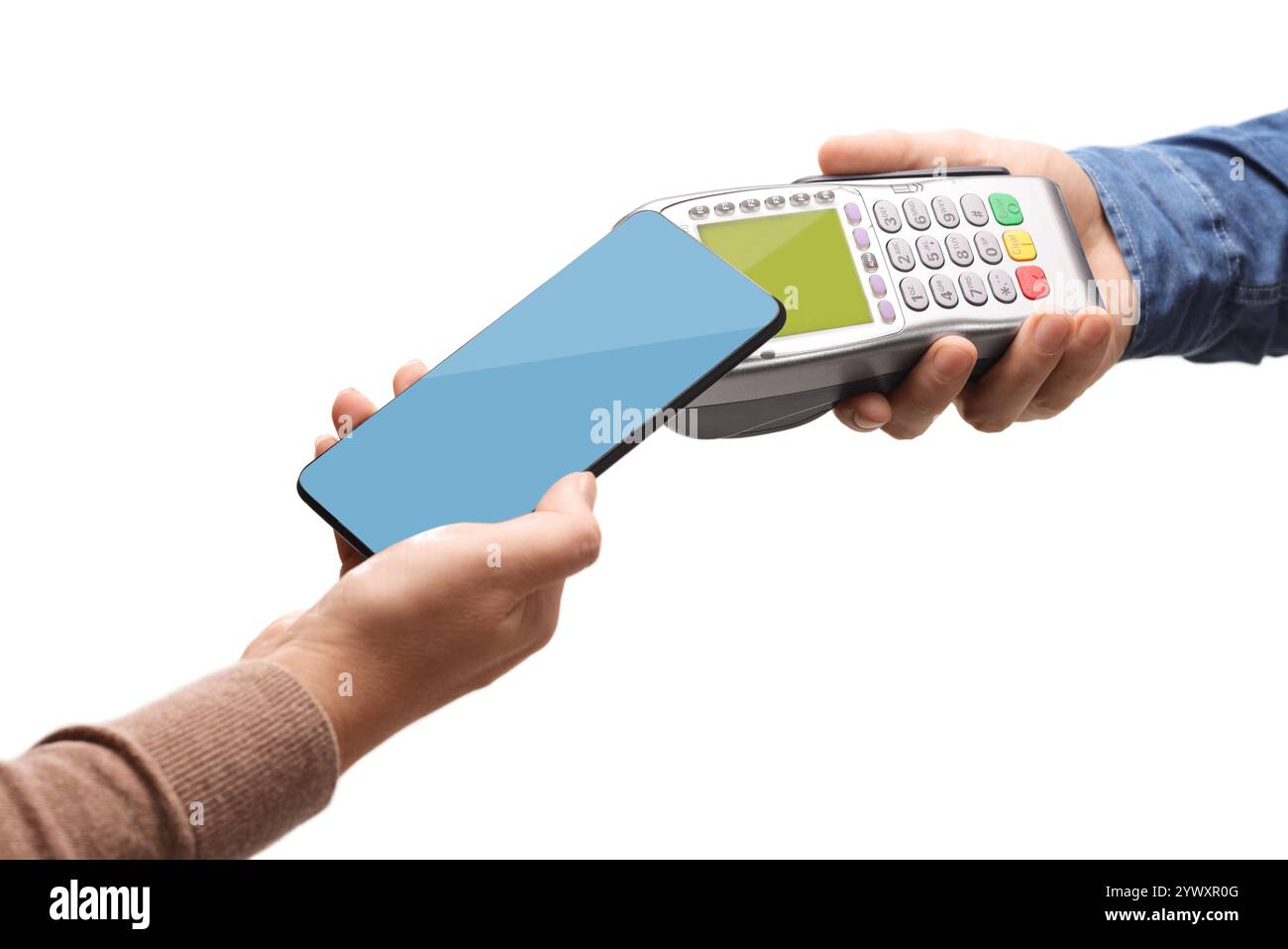 Man paying with a smartphone isolated on white background Stock Photo ...
