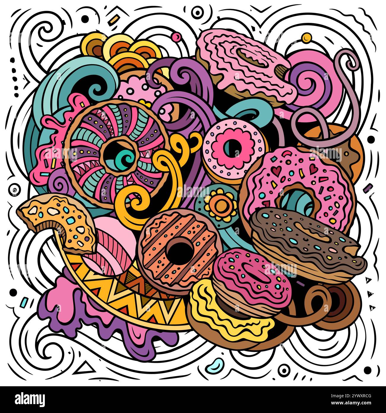 Donuts vector doodles illustration. Sweets poster design. Doughnut ...