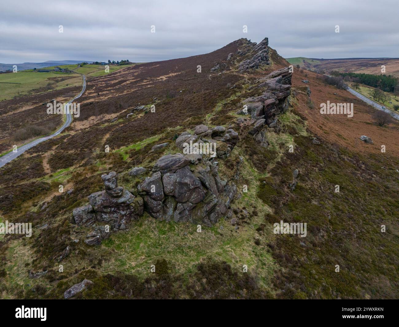 Winter aerial view of Ramshaw Rocks in the Staffordshire Peak District ...