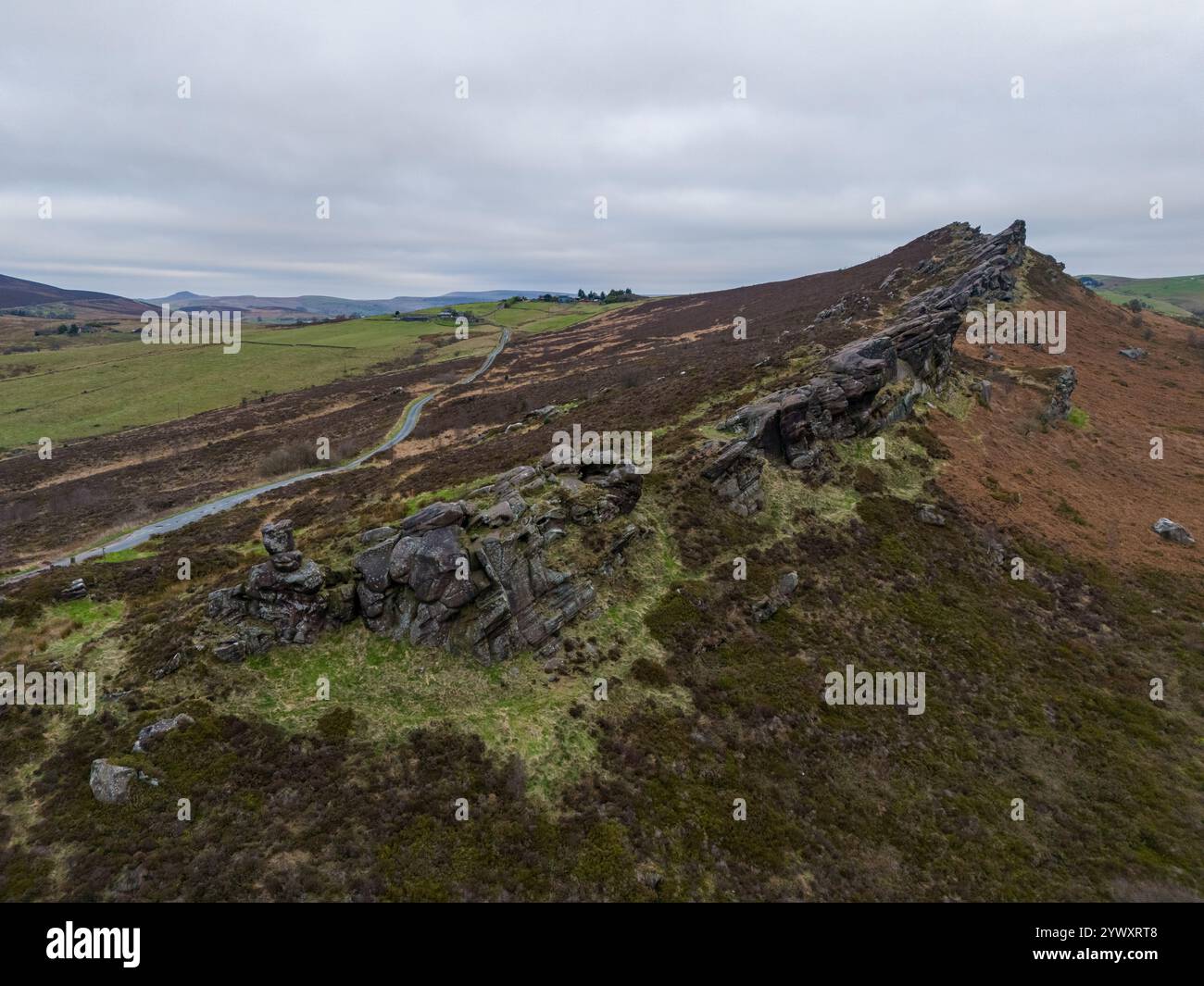 Winter aerial view of Ramshaw Rocks in the Staffordshire Peak District ...