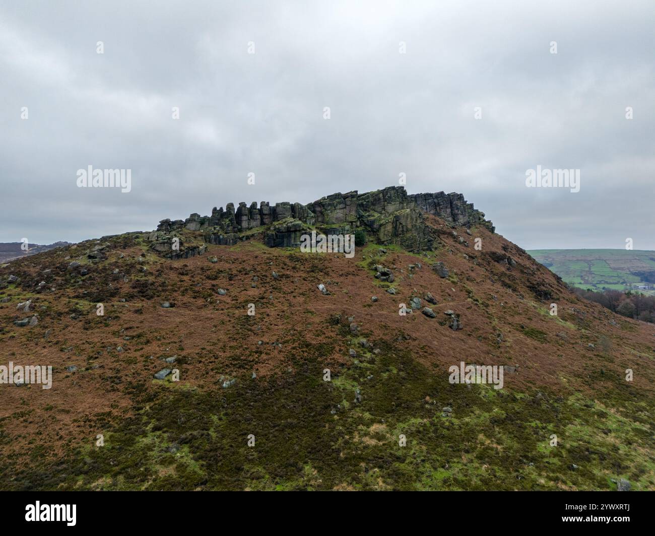 Winter aerial view of Hen Cloud in the Peak District National Park ...