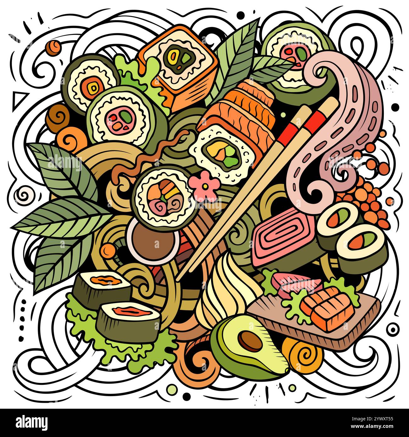 Cartoon vector Sushi doodle chalkboard illustration features a variety ...