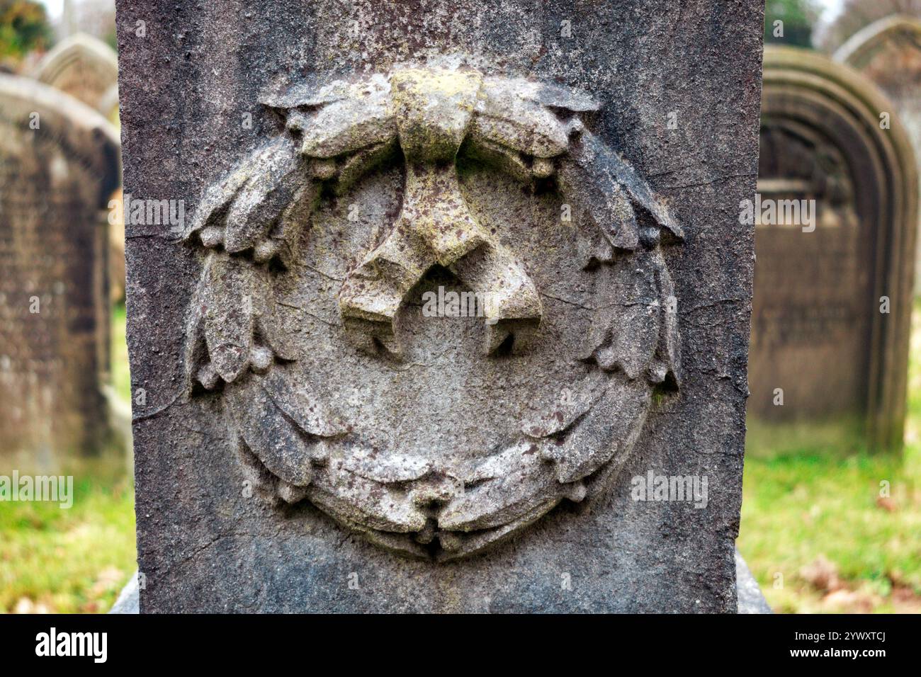 Wreath carving on a Victorian gravestone at Preston Cemetery Stock ...