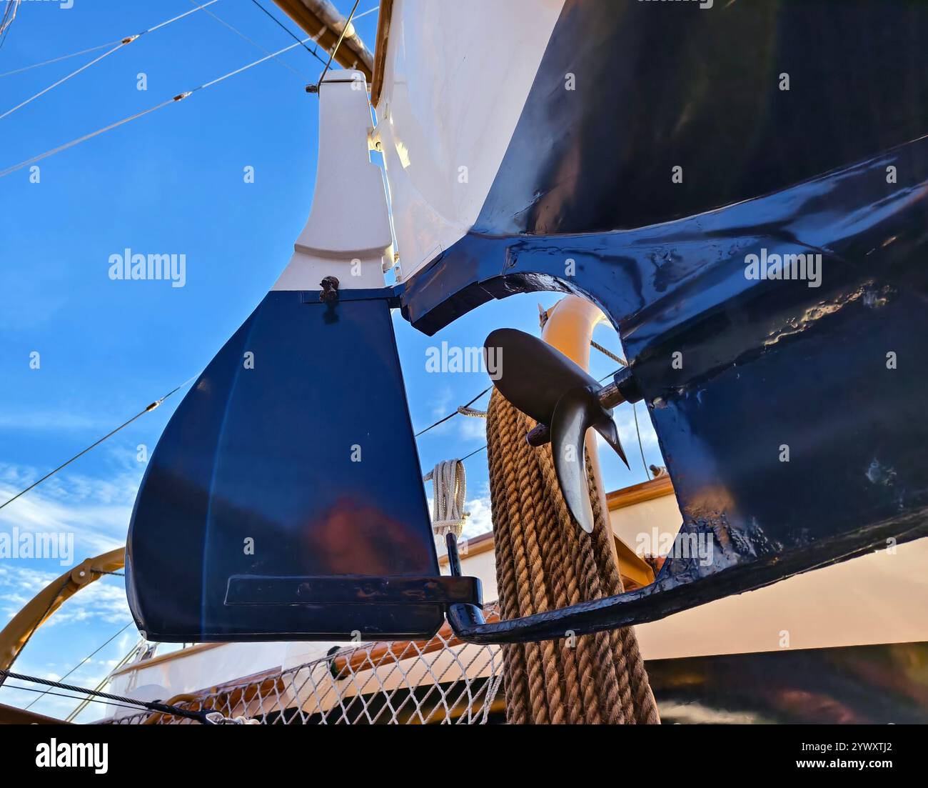 A lifeboat is securely tied to the mast of a sailing vessel Stock Photo ...