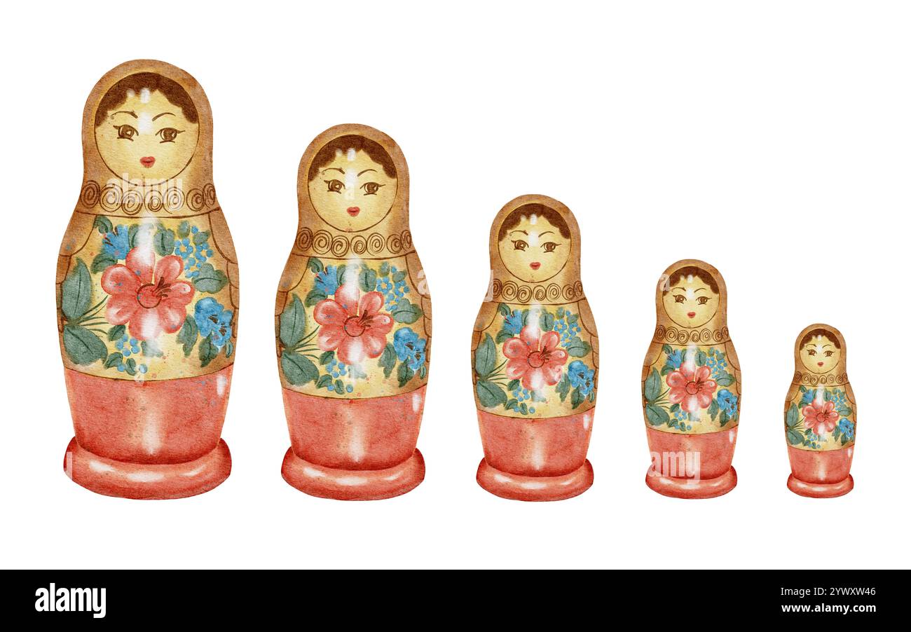 Group Russian folk matryoshka wooden with decorative painting, flowers ...