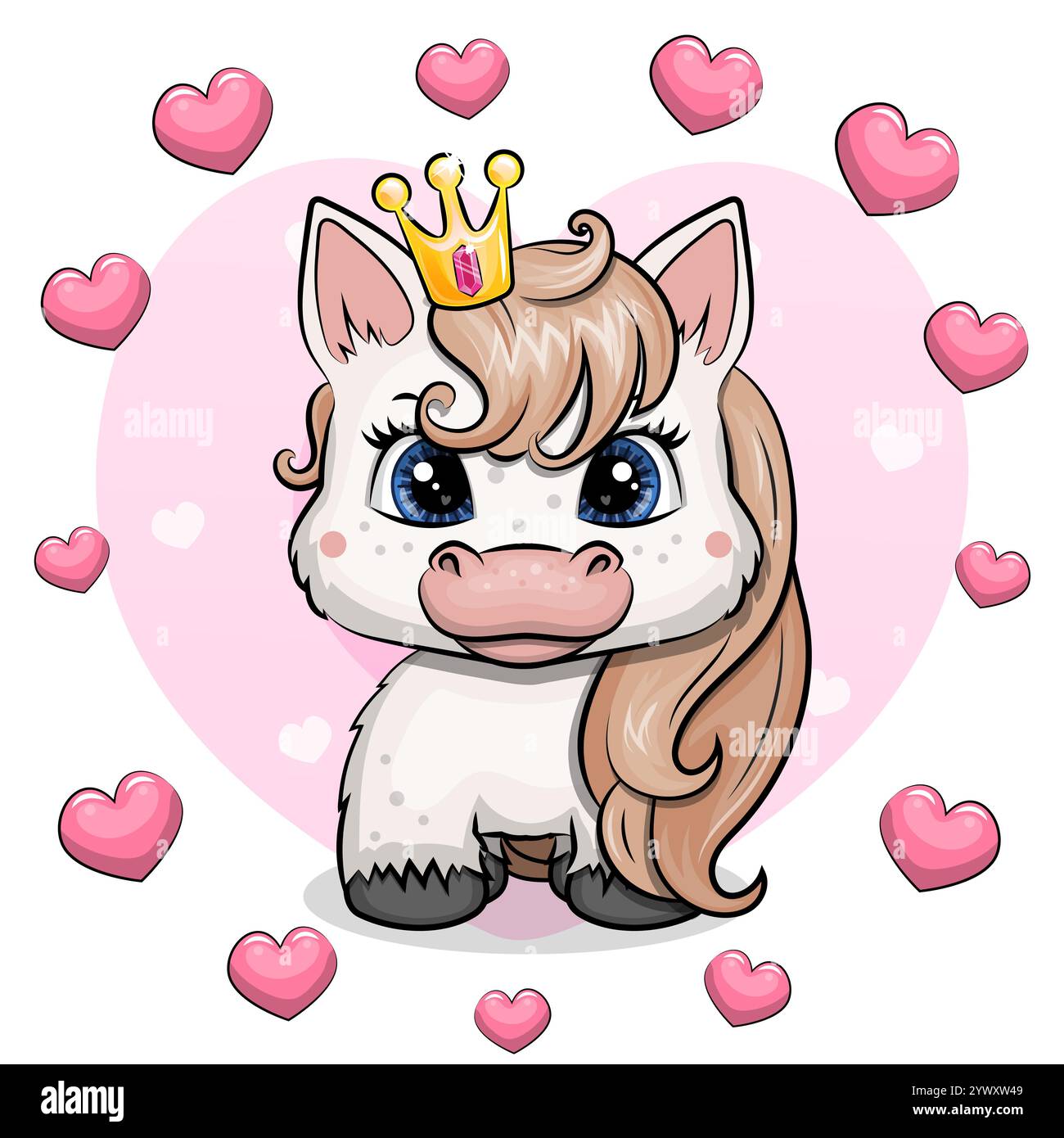 Cute cartoon pony with a crown in a heart frame. Vector illustration of ...