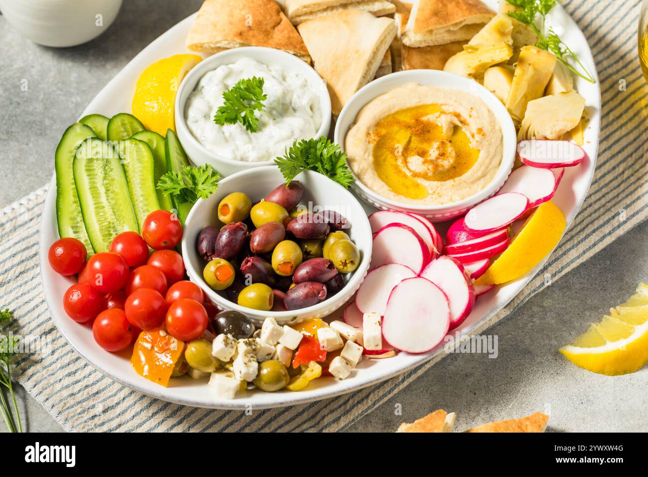 Homemade Mediterranean Mezze Platter with Olives Pita and Hummus Stock Photo - Alamy
