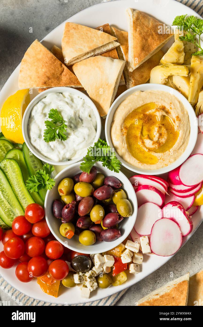 Homemade Mediterranean Mezze Platter with Olives Pita and Hummus Stock ...