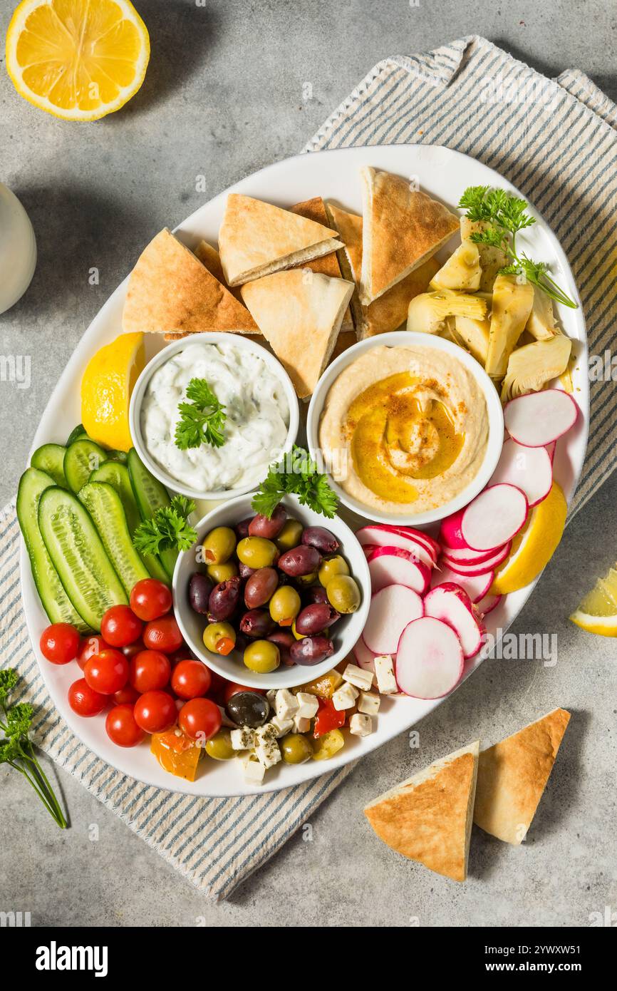 Homemade Mediterranean Mezze Platter with Olives Pita and Hummus Stock ...