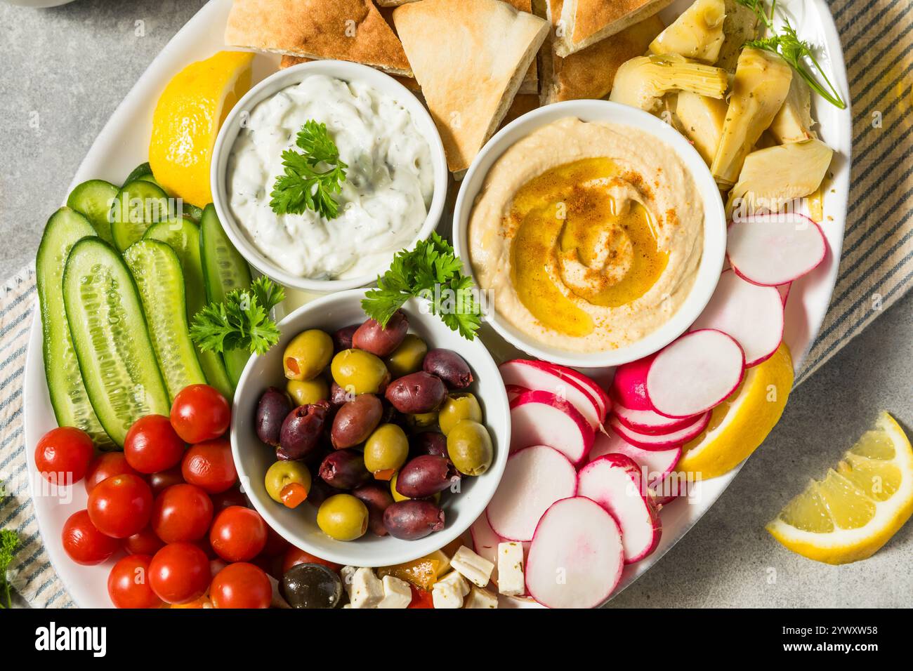 Homemade Mediterranean Mezze Platter with Olives Pita and Hummus Stock Photo - Alamy