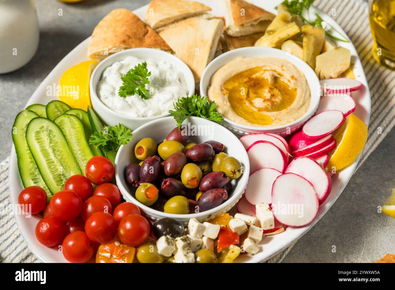Homemade Mediterranean Mezze Platter with Olives Pita and Hummus Stock Photo - Alamy