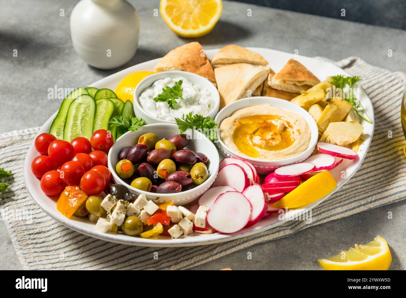Homemade Mediterranean Mezze Platter with Olives Pita and Hummus Stock ...