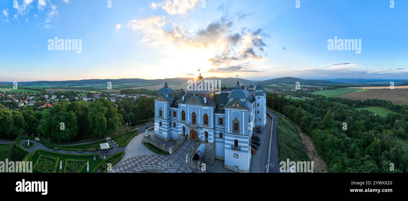 Aerial night view of Halic Castle in the village of Halic in Slovakia ...