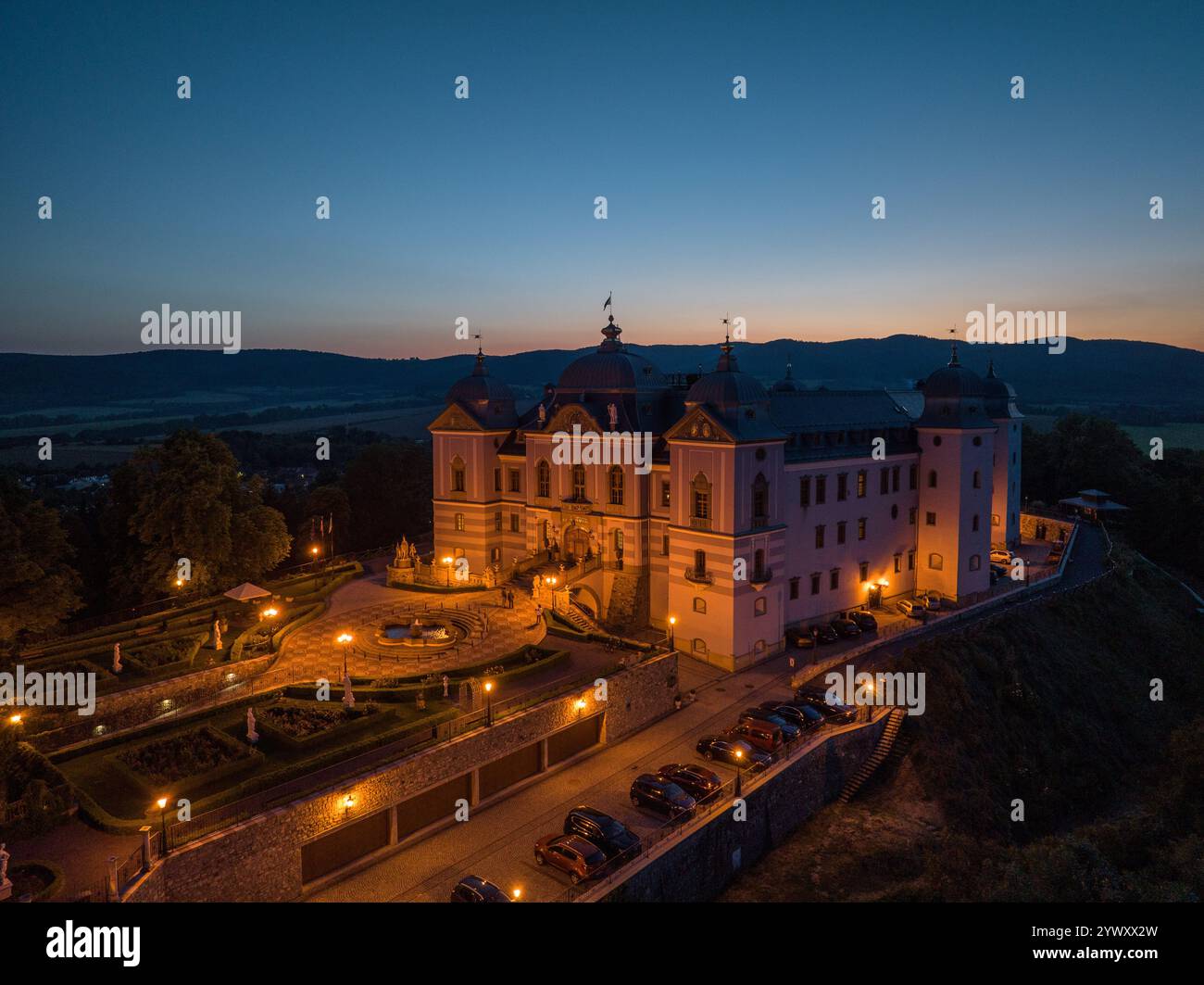 Aerial night view of Halic Castle in the village of Halic in Slovakia ...