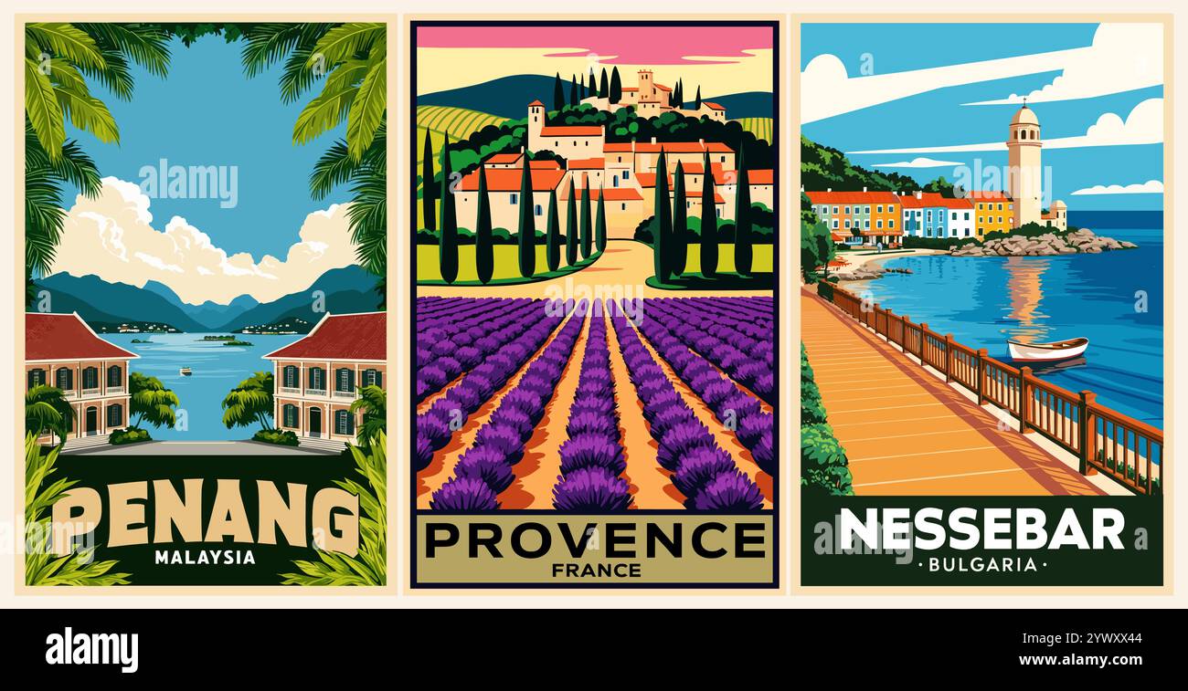 Set of Travel Destination Posters in retro style Stock Vector Image ...