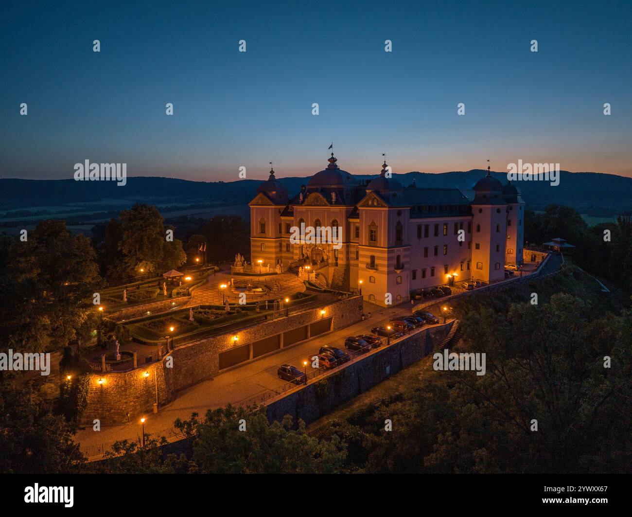 Aerial night view of Halic Castle in the village of Halic in Slovakia ...