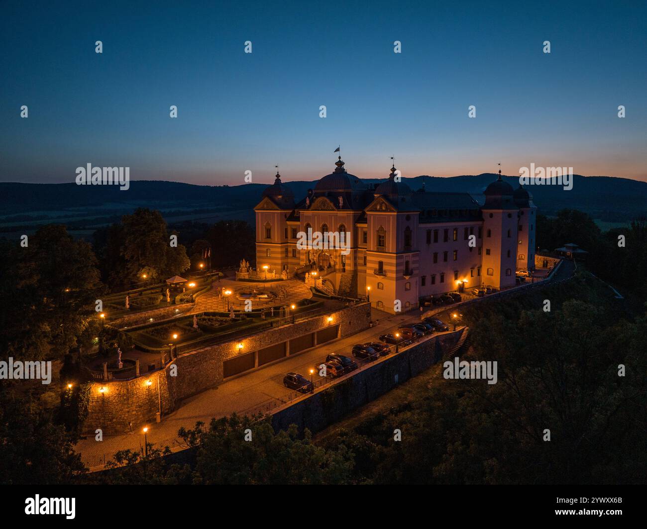 Aerial night view of Halic Castle in the village of Halic in Slovakia ...